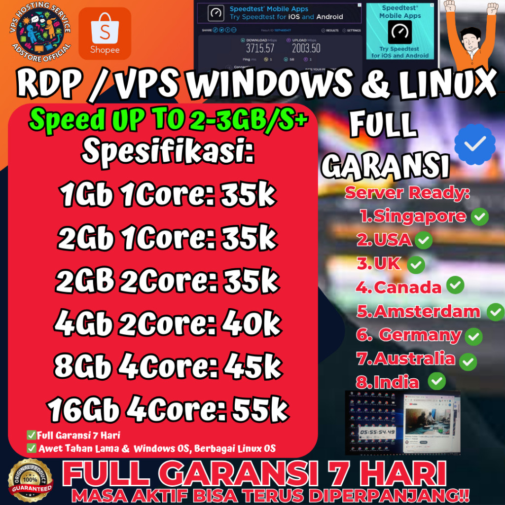 Jual RDP / VPS MINGGUAN Windows Ubuntu Debian Full root & Full Administrator & Full Garansi [ 7 ...