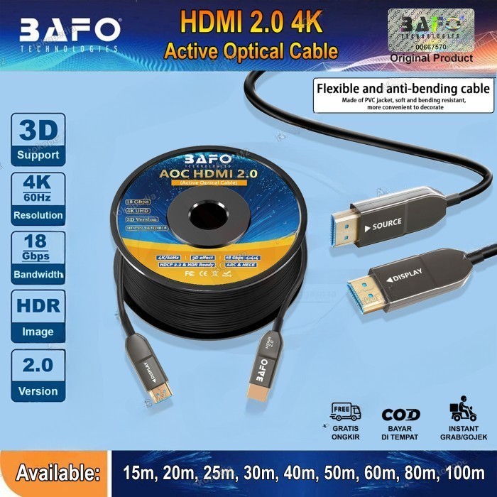 Jual Kabel HDMI BAFO 2.0 Fiber Optic 4K 20 25 30 40 50 60 75 80 100 Meter | Shopee Indonesia