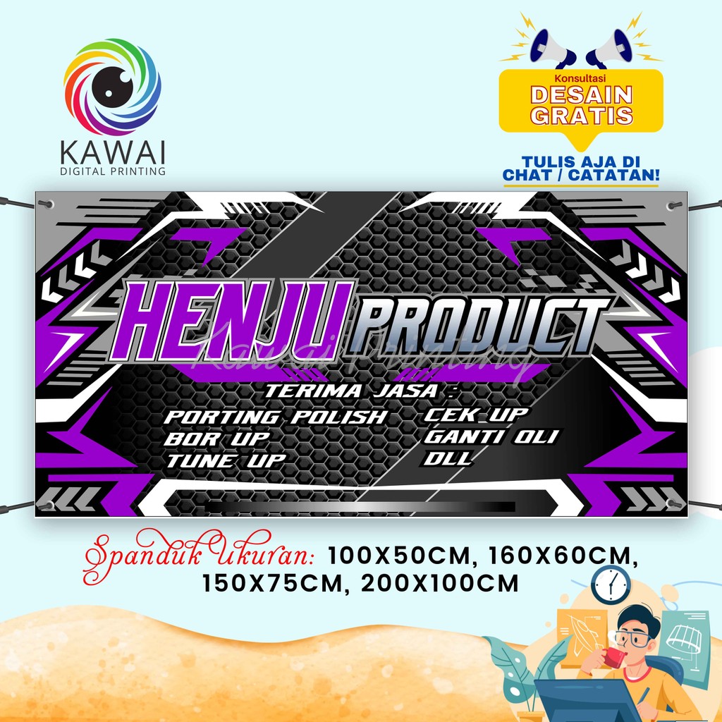 Jual Spanduk Banner MMT Servis Motor Desain Warna Ungu Rekuest 200x100 ...