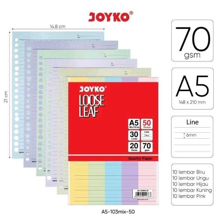 Jual Kertas refill binder JOYKO Loose Leaf 70gr A5 MIX Warna 50 lembar | Shopee Indonesia