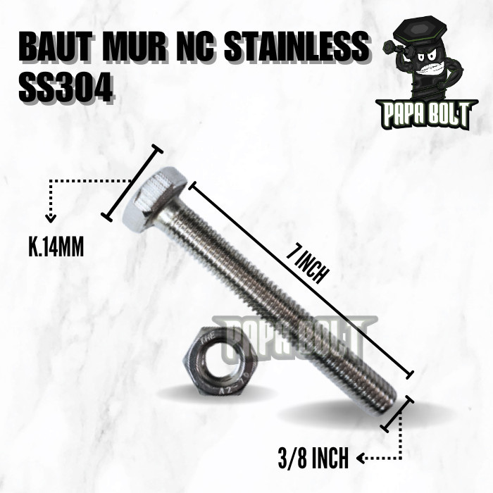 Jual Baut Mur Hexagon Stainless Steel 304 3/8" x 7" Kunci 14 Drat Kasar ...