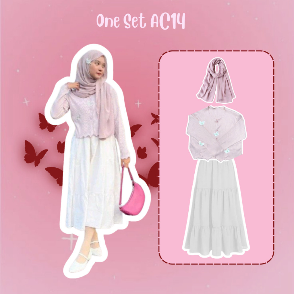 Jual Kawaii Look- 3 In 1 set korea hijab butterfly rok susun setelan ...