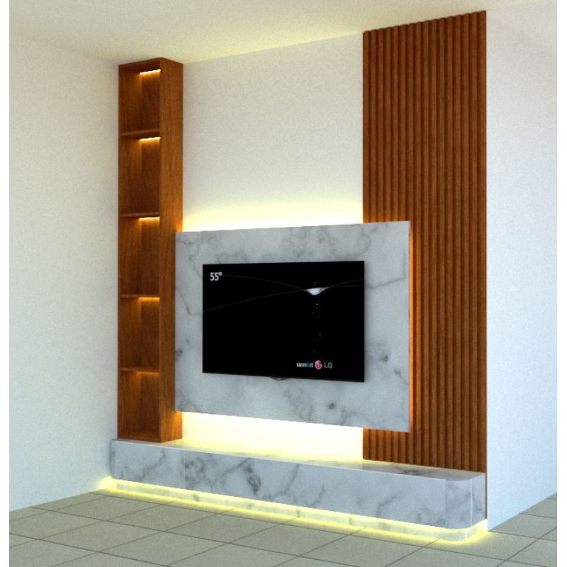 Jual Backdrop TV 1 set meja backdrop lemari wpc include lampu 1 colokan ...