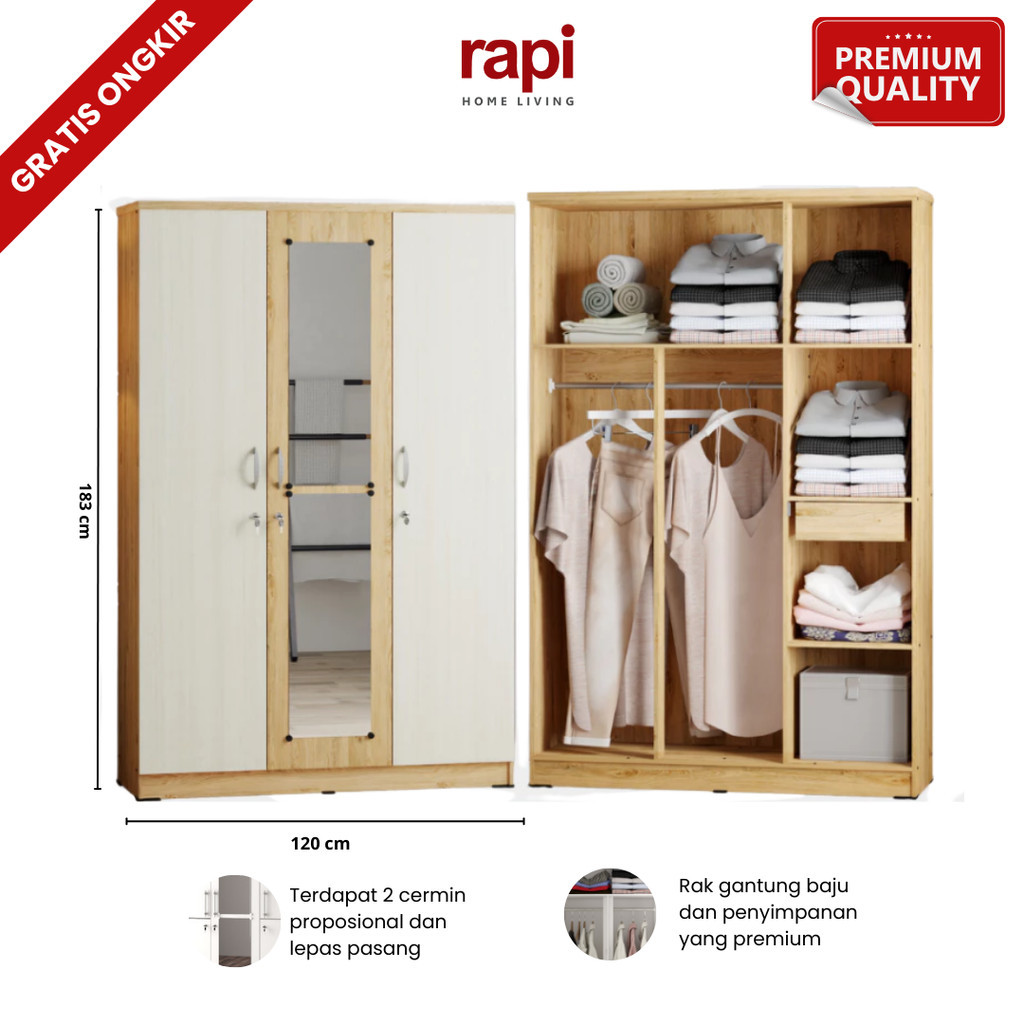 Jual RAPI Lemari Pakaian 3 Pintu / Lemari Rak Baju / Lemari Gamis ...