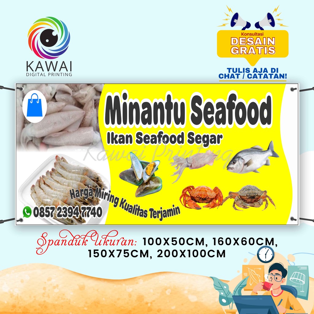 Jual Spanduk Banner MMT Jualan Ikan Seafood Segar Rekuest 200x100 Cm ...