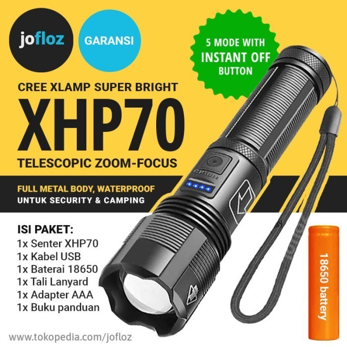 Jual Senter LED XHP70 ZOOM +Baterai 18650 USB Recharge - XHP 70 P7 ...