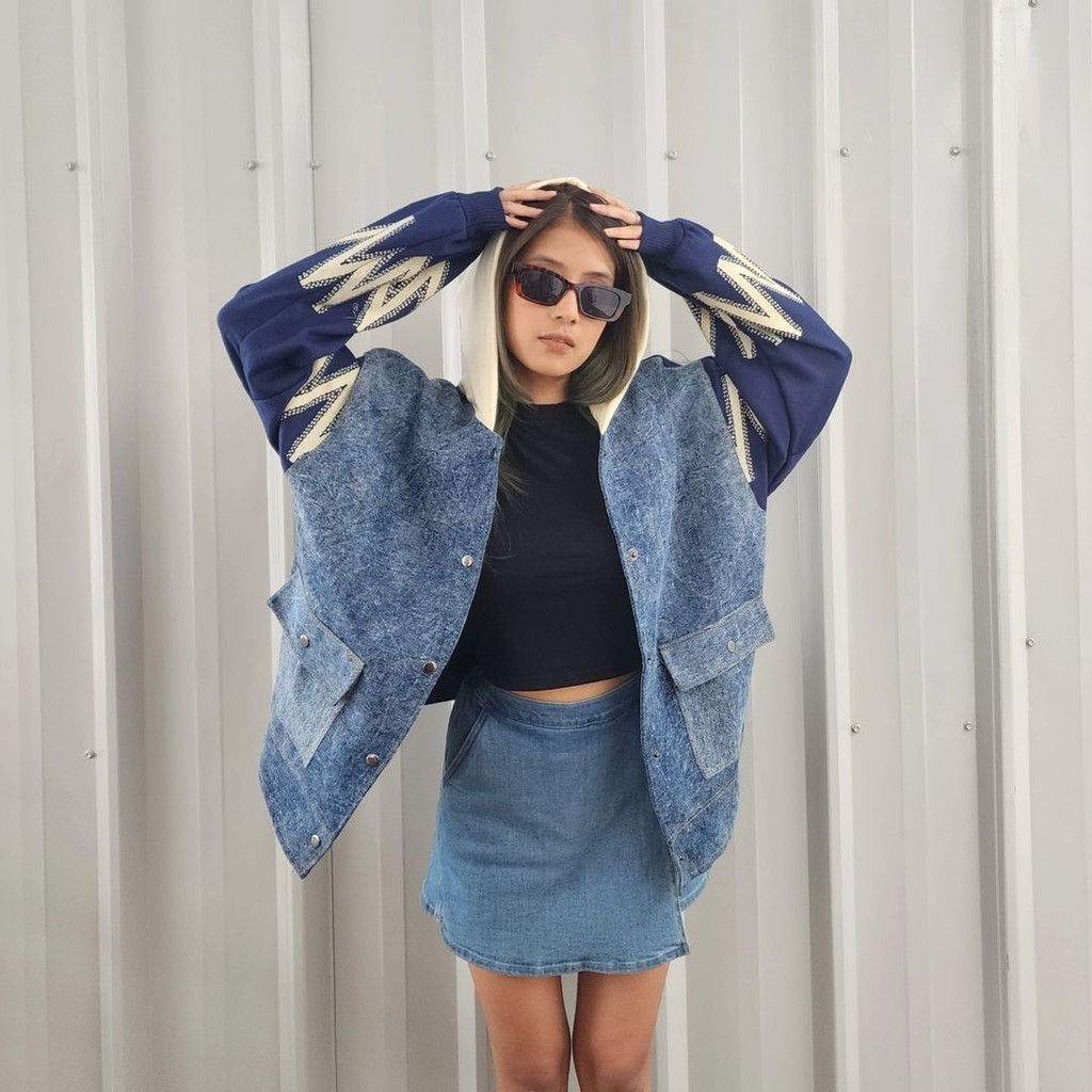 Jual NOUSKA - JEANS SABLON ZIGZAG JAKET HOODIE Unisex Kombinasi Fleece ...