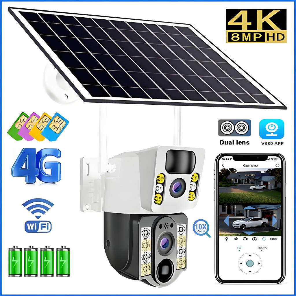 Jual Solar Camera 8MP 4K 4G Sim Outdoor Dual Lens Wireless WiFi IP Cam PIR Night Vision Auto ...