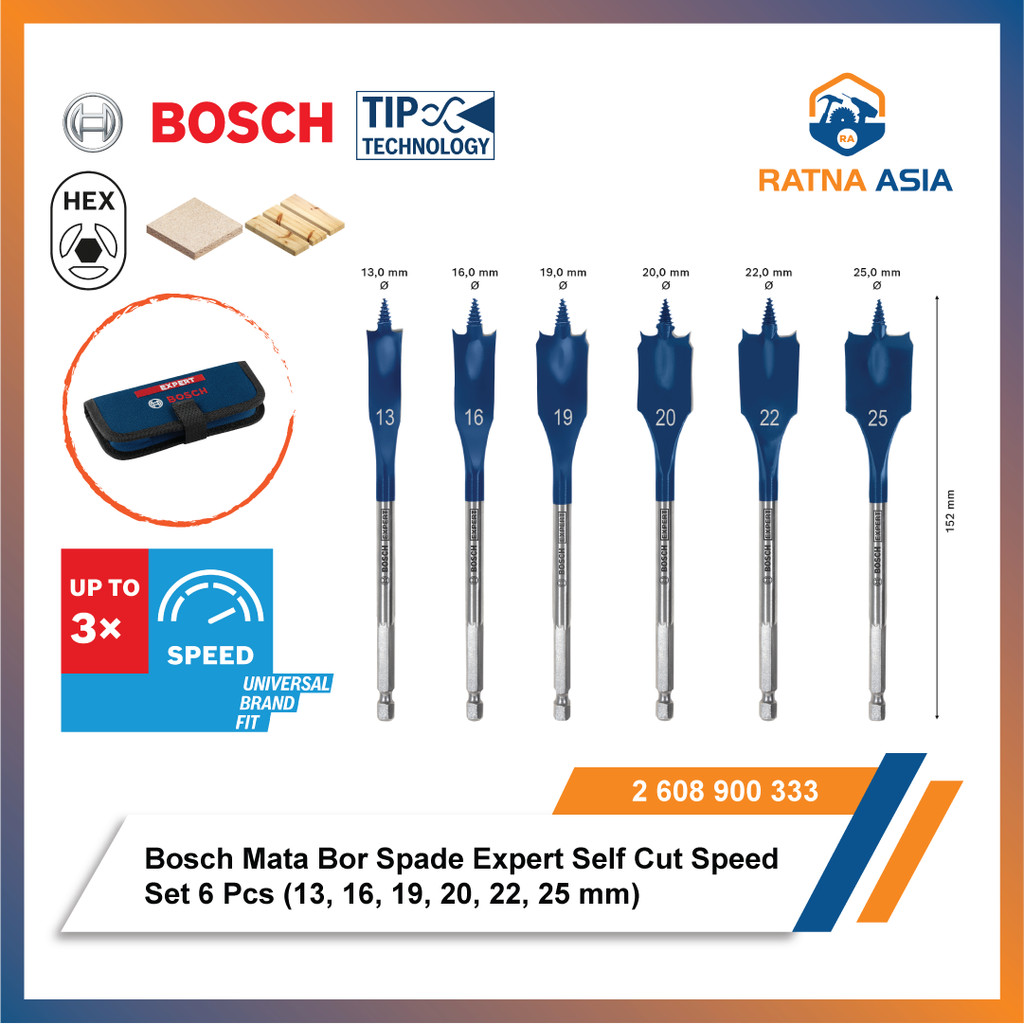 Jual Bosch Mata Bor Spade Expert Self Cut Speed Set 6 Pcs (13, 16, 19 ...