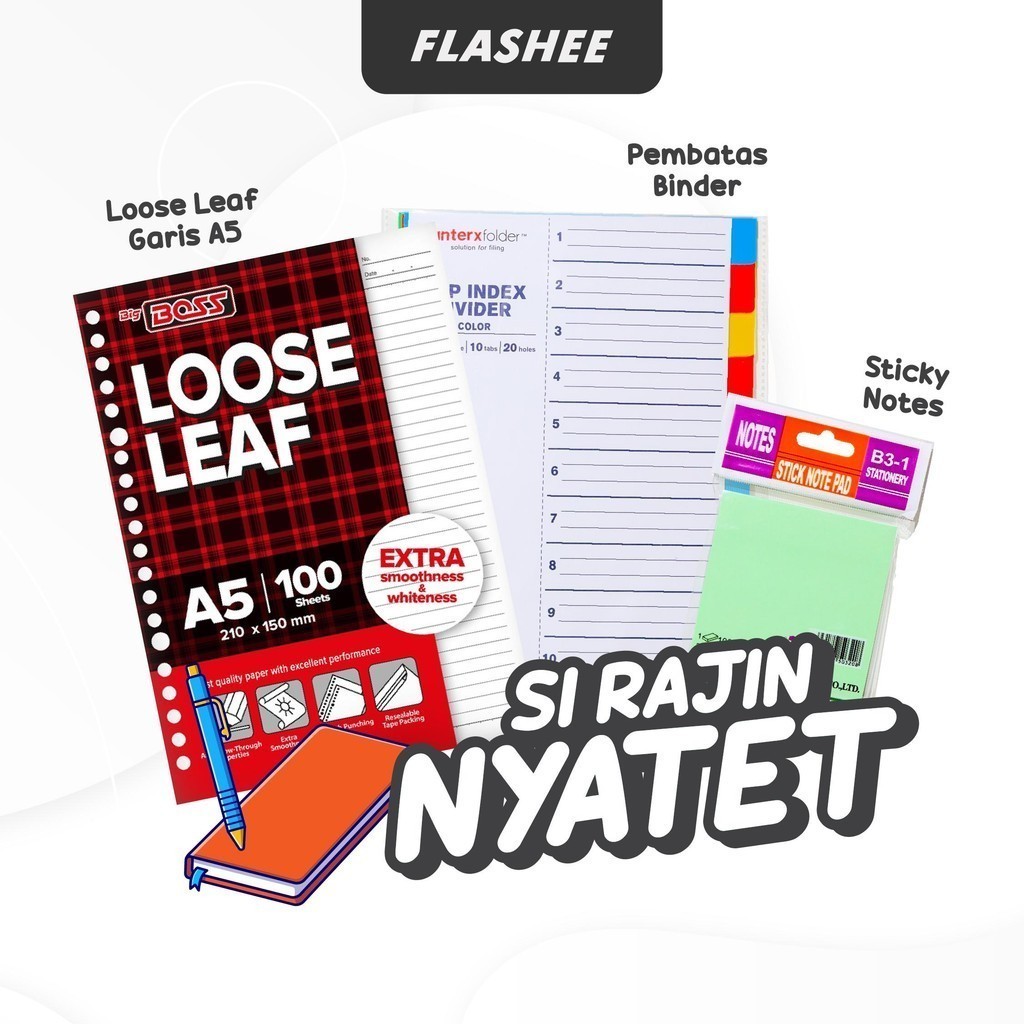 Jual Flashee Paket Set Sekolah 3IN1 Loose Leaf A5 Pembatas Sticky Notes ...