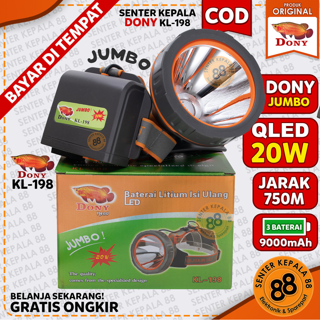 Jual Senter kepala Cas DONY KL198 JUMBO 20 WATT 20W QLED LED T6 GUNUNG ...