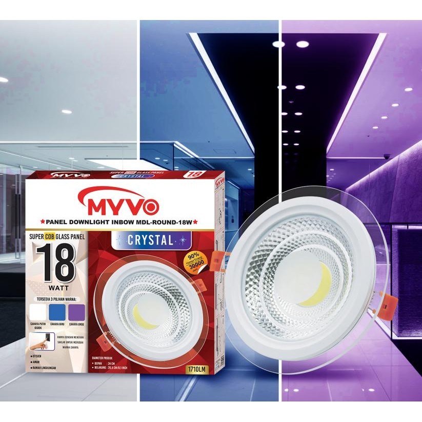 Jual MYVO LED Downlight 18W Super COB Glass Panel – 3 Mode Warna, Hemat ...