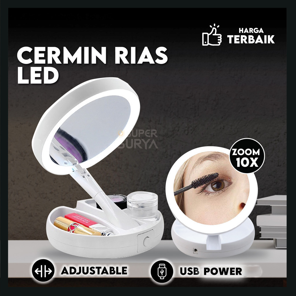 Jual Cermin Rias LED Putar Ganda 13 cm USB Cas Lipat 2 Sisi Kaca Bulat ...