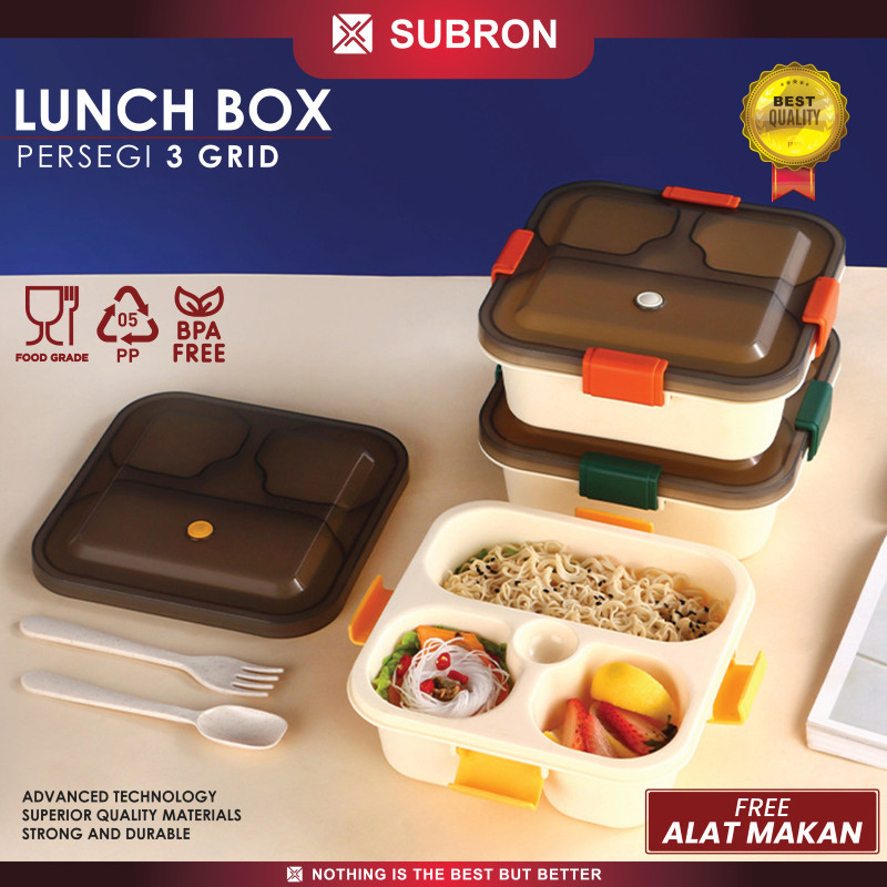 Jual SUBRON Lunch Box Rantang Persegi 900ML 3 Grid Free Sendok Garpu ...