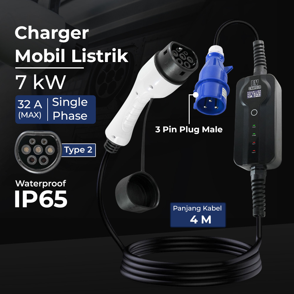 Jual Charger Mobil Listrik EV 32A 7kW Male 3 Pin to Type 2 Female ...