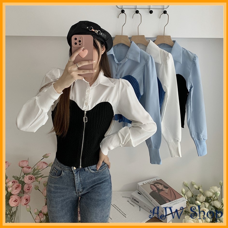 Jual AJW Blouse Knit Kombi Katun Polos Kemeja Kerah Crop Top Lengan Panjang XCP | Kemeja Crop ...