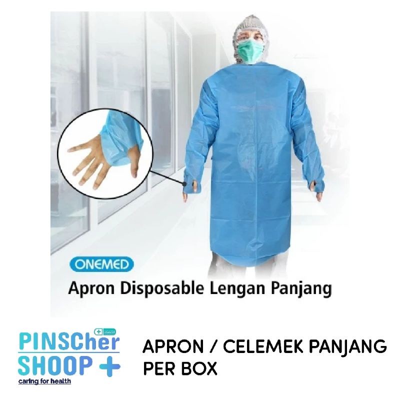 Jual Apron Lengan Panjang Onemed Plastik Celemek Panjang Biru / Box ...
