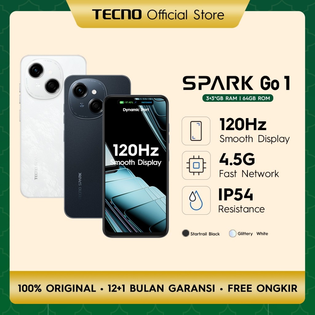 Jual TECNO SPARK GO1 - 3GB+3GB*+64,120Hz Display, T615+4.5G Network,5000mAh+15W,IP54,Android 14 ...