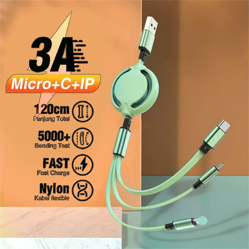 Jual Kabel Data Macaron 3 IN 1 Support Fast Charging Micro USB Android Retractable Cable apple ...