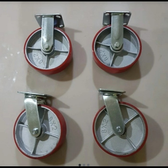 Jual Roda Pu Merah Heavy Duty 8 inch (2 Hidup 2 Mati) | Shopee Indonesia