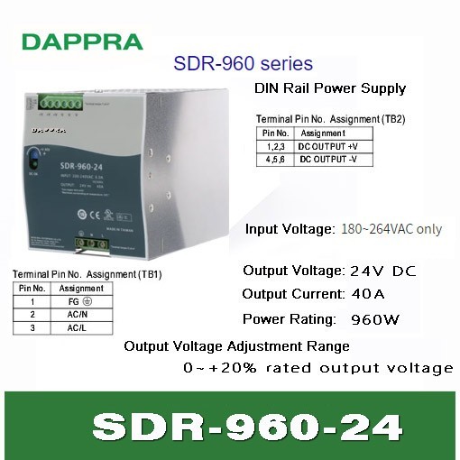 Jual FO99 SDR-960-24 24VDC 40A AC-DC Industrial DIN rail power supply ...