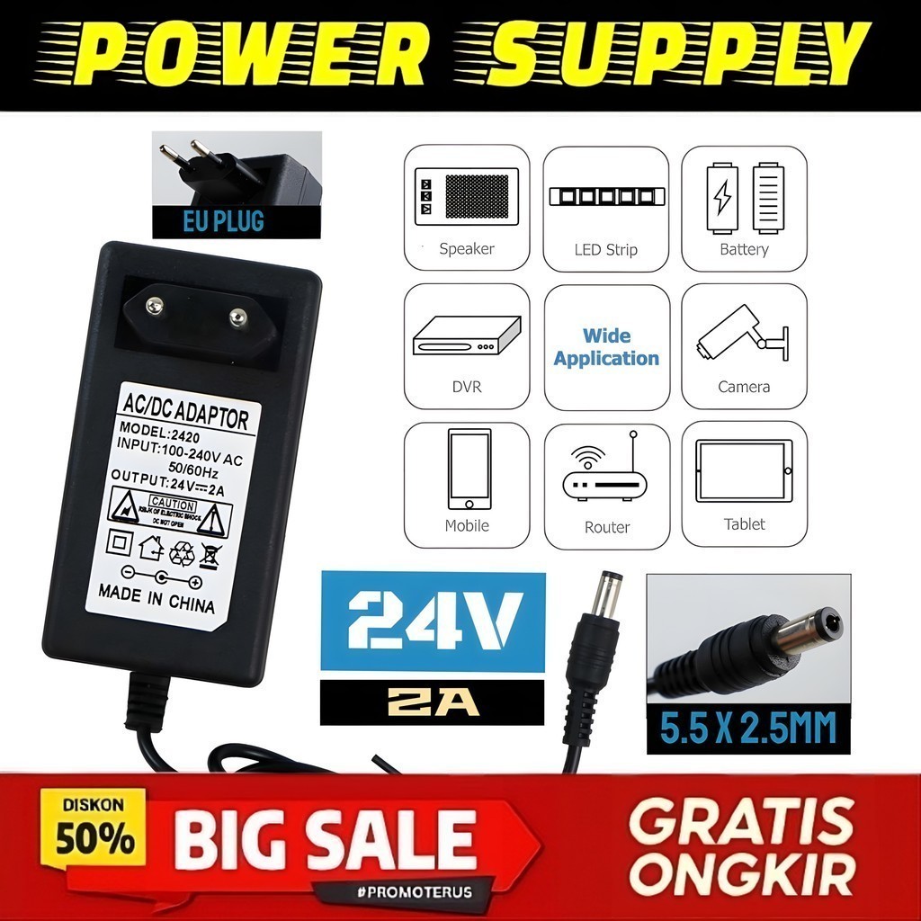 Jual Adaptor 24V 2A Power Supply AC ke DC untuk Ampli LED Running Text CCTV Mini Dril | Shopee ...
