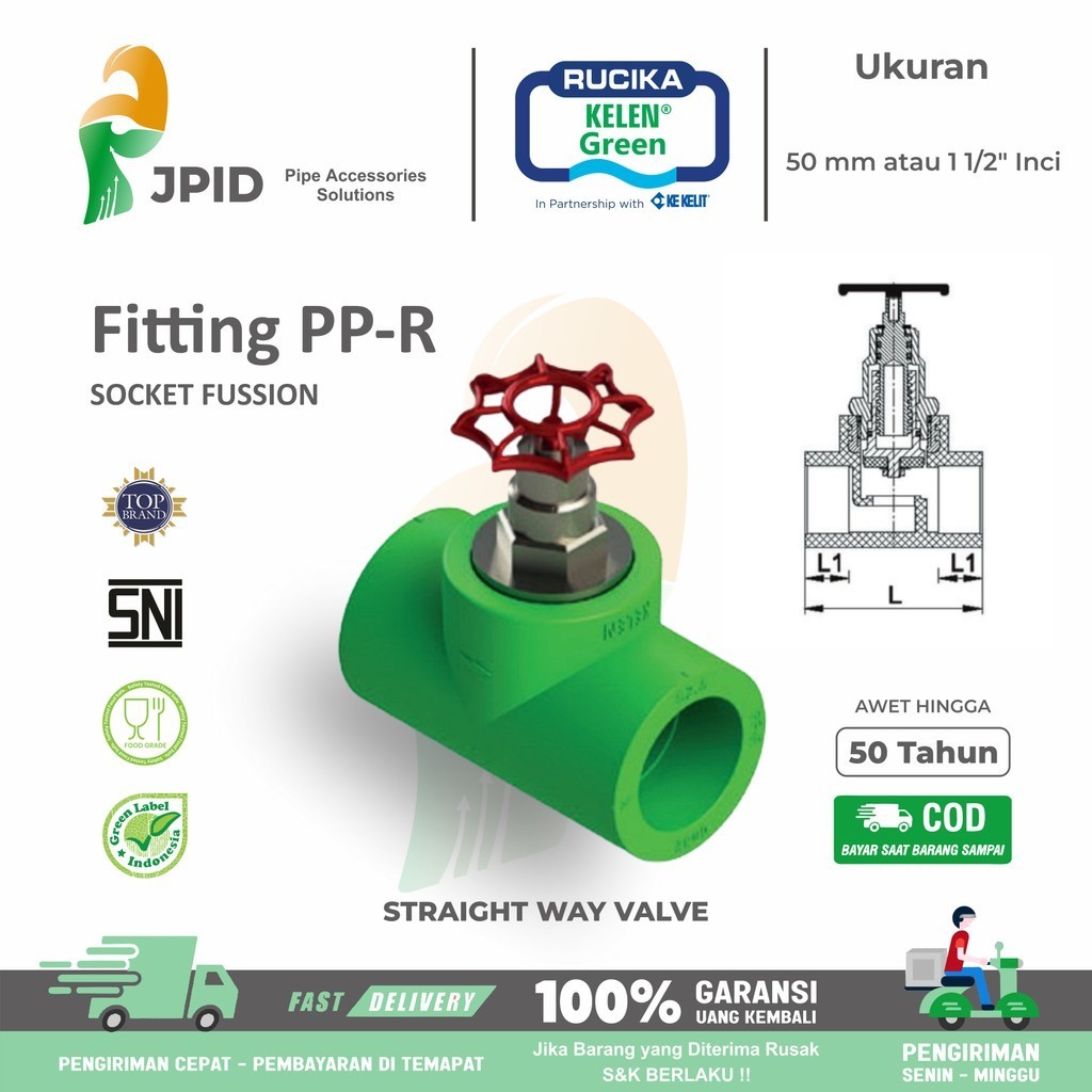 Jual Fitting PPR Straight Way Valve 50 mm Rucika Kelen Green | Shopee ...