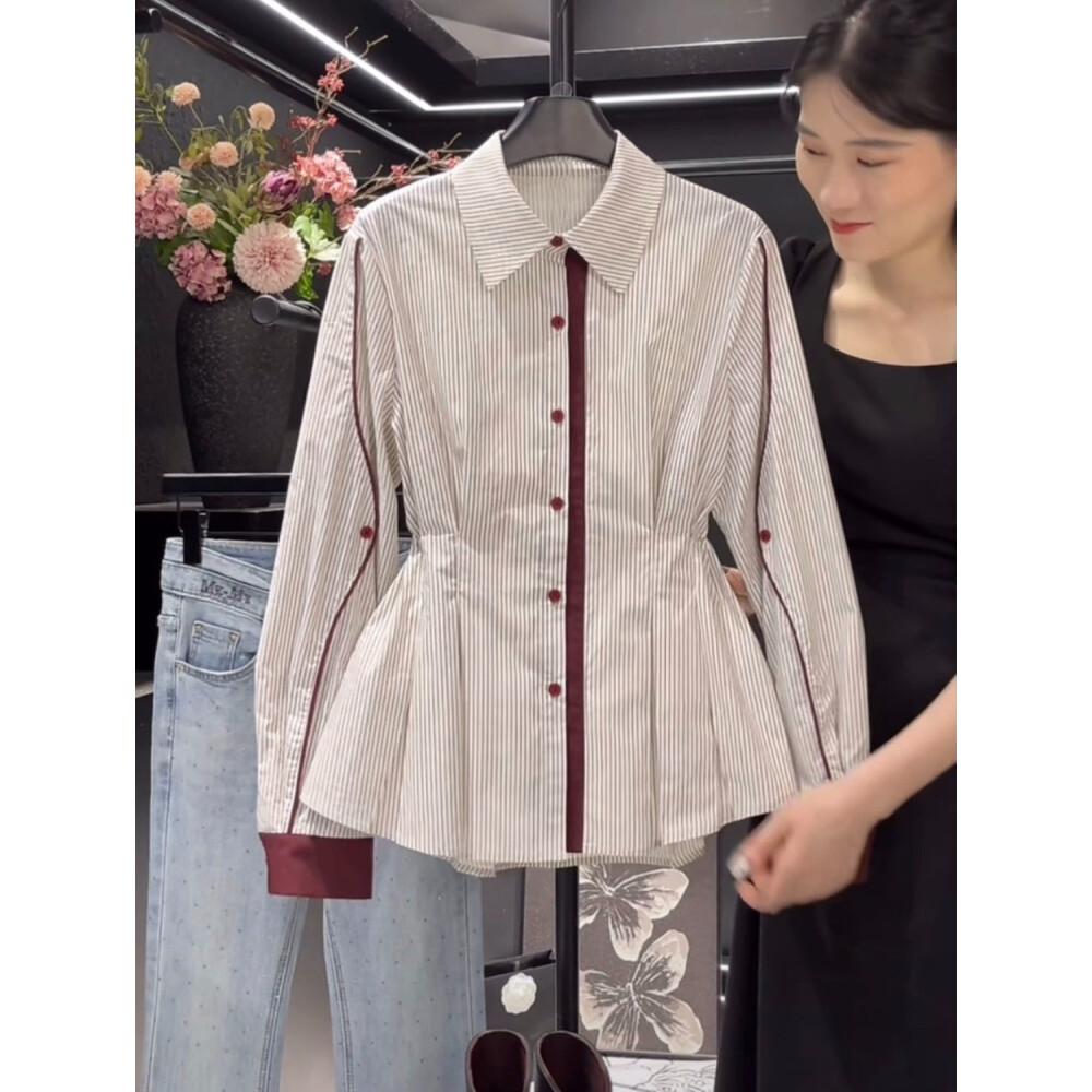 Jual CHICMORE Atasan Kemeja lengan panjang desain garis mode baru kerah ...