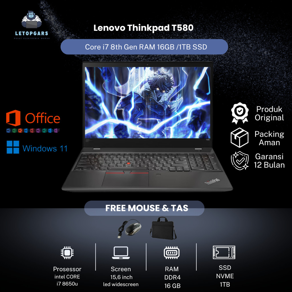 Jual Lenovo Thinkpad T580 Core i7 8th Gen RAM 16GB /1TB SSD / 15.6 INCH ...