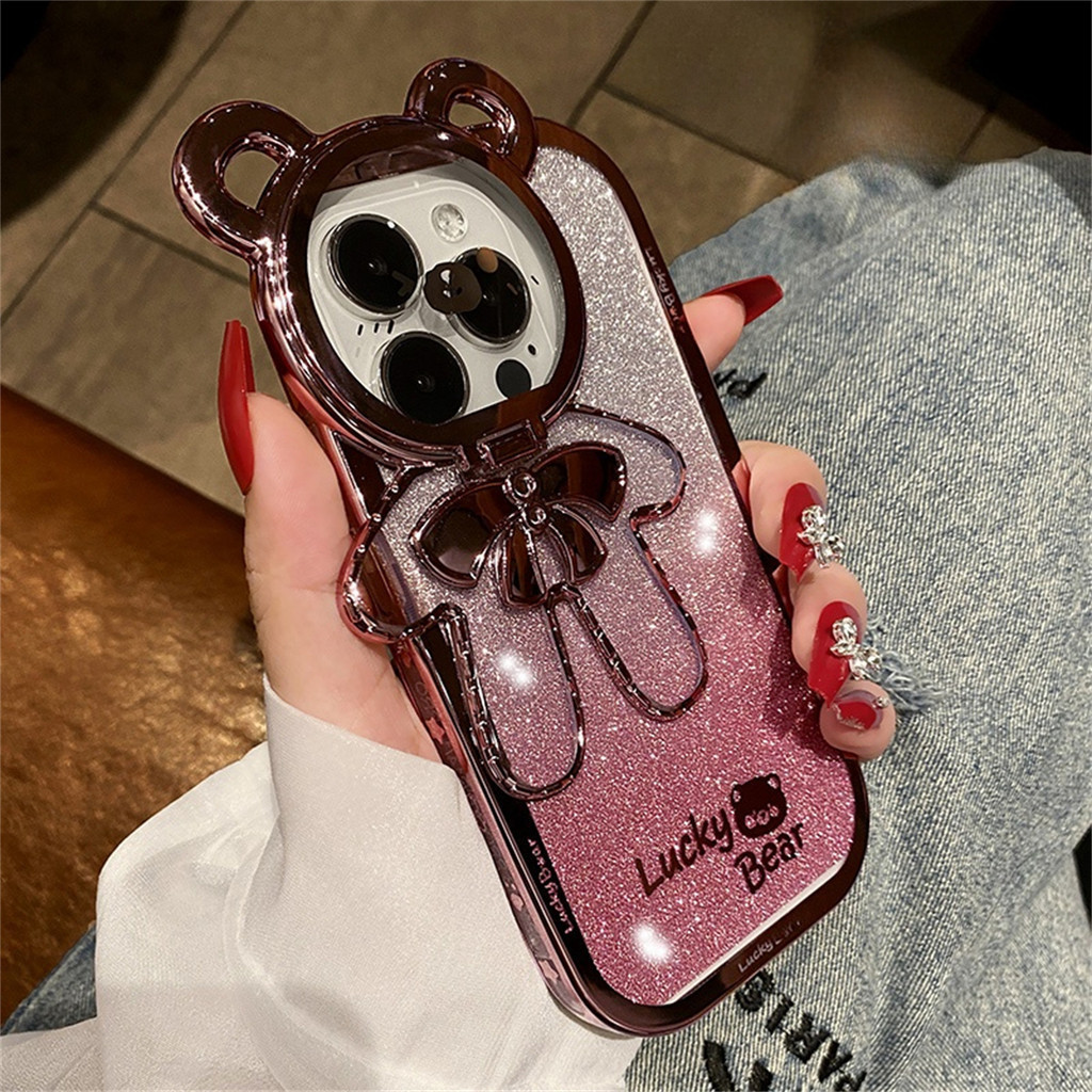 Jual Casing Flip Lens Built-in Stand Cute Bear Glitter Holder Phone ...