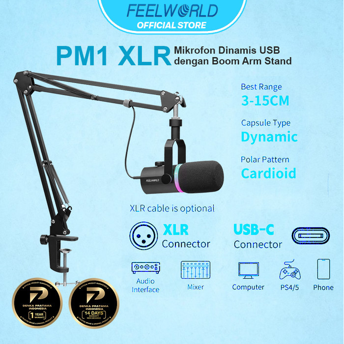 Jual FEELWORLD PM1 XLR USB Dynamic Microphone RGB with Boom Arm Stand ...