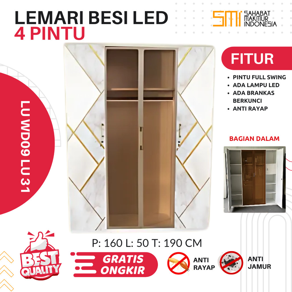 Jual Lemari Pakaian Besi 4 Pintu Jumbo 160cm LED LU WD09 LU 31 / Lemari Baju Swing Door Metal ...