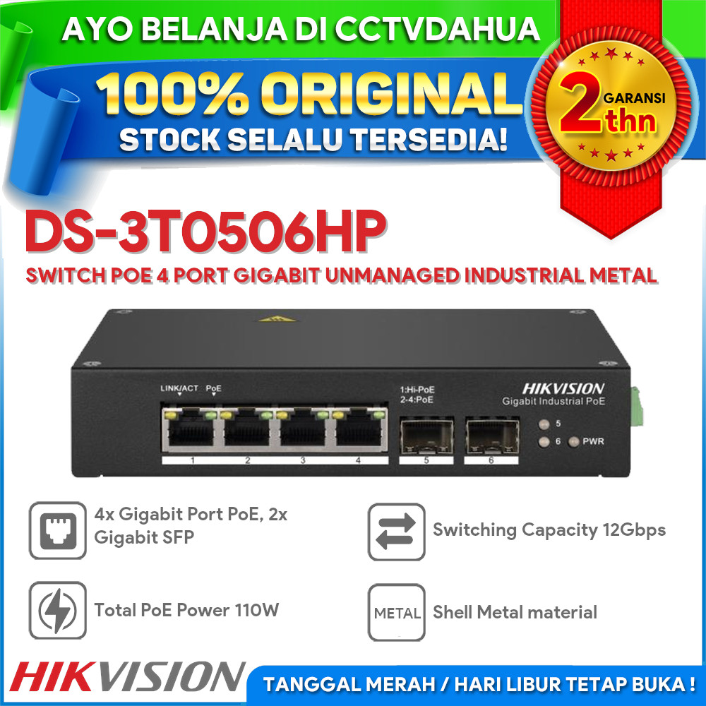 Jual HIKVISION DS-3T0506HP SWITCH POE 4 PORT GIGABIT UNMANAGED INDUSTRIAL METAL | Shopee Indonesia