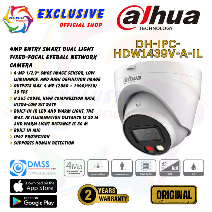 Jual CCTV DAHUA IP Cam DH-IPC-HDW1439V-A-IL 4MP Smart Dual Light Eyeball Network Camera Indoor ...