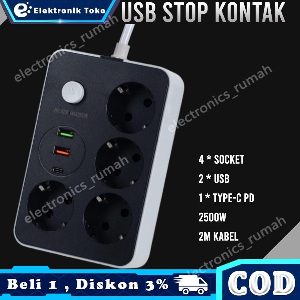 Jual Stop Kontak Asometech - 6 Power Socket 4 USB 1 USB 3.0 1 PD 20W - Fast Charging - Kabel 3 ...