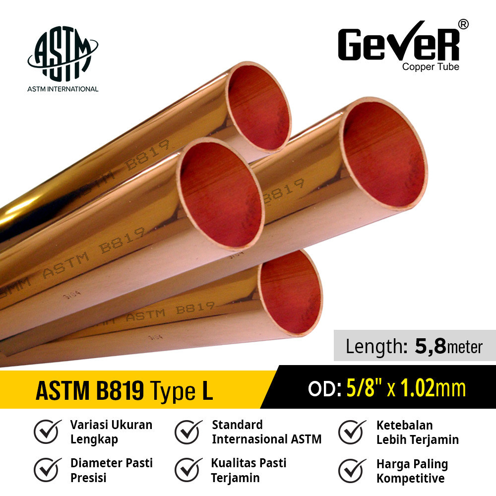 Jual PIPA TEMBAGA 5/8 INCH x 1.02mm ASTM B819 type L GEVER COPPER TUBE ...
