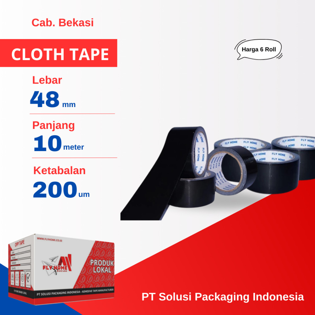 Jual FLYHOME 6Roll Lakban Jilid/Kain Hitam 48x10M 2inchi Cloth Tape 10 ...