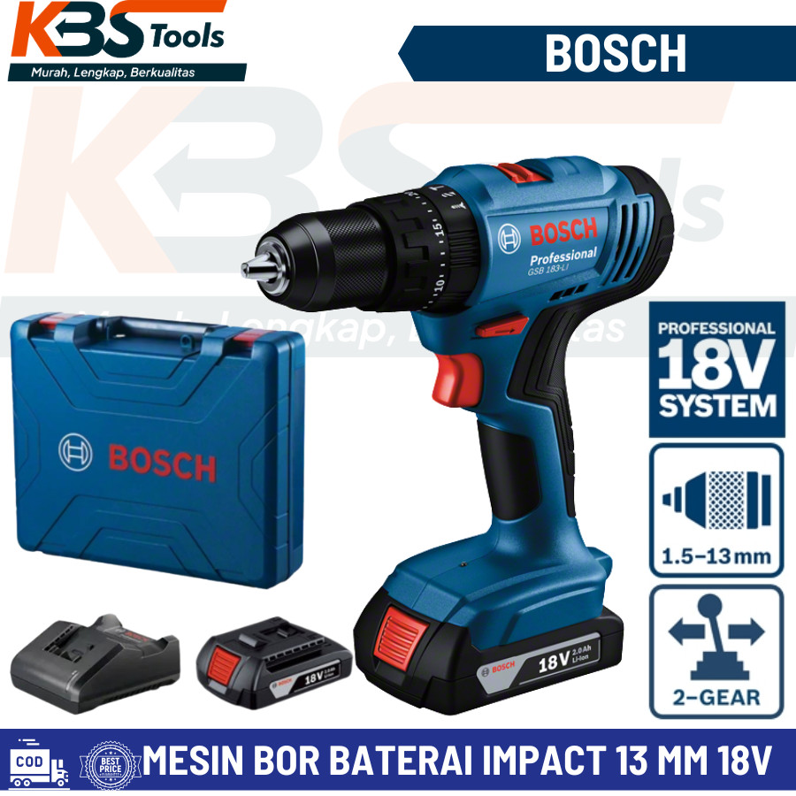 Jual Mesin Bor Baterai Cordless Impact Bosch 13mm 18V (2 Baterai) GSB ...
