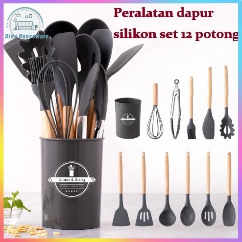 Jual Silicone Utensil 12Pcs Wadah Spatula Peralatan Masak Pegangan Kayu ...