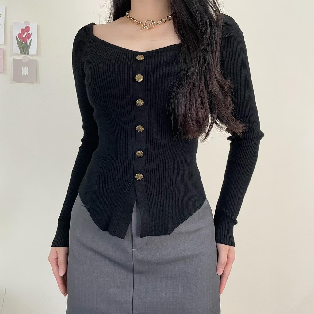 Jual MODAMYTH HT37 - Atasan Rajut Basic Lengan Panjang Wanita Kancing Vintage Knitwear Blouse ...