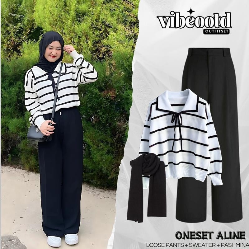 Jual Aline Outfit Set Wanita Hijab ( Celana Loose Pants Panjang + Atasan Baju Sweater Stripe ...