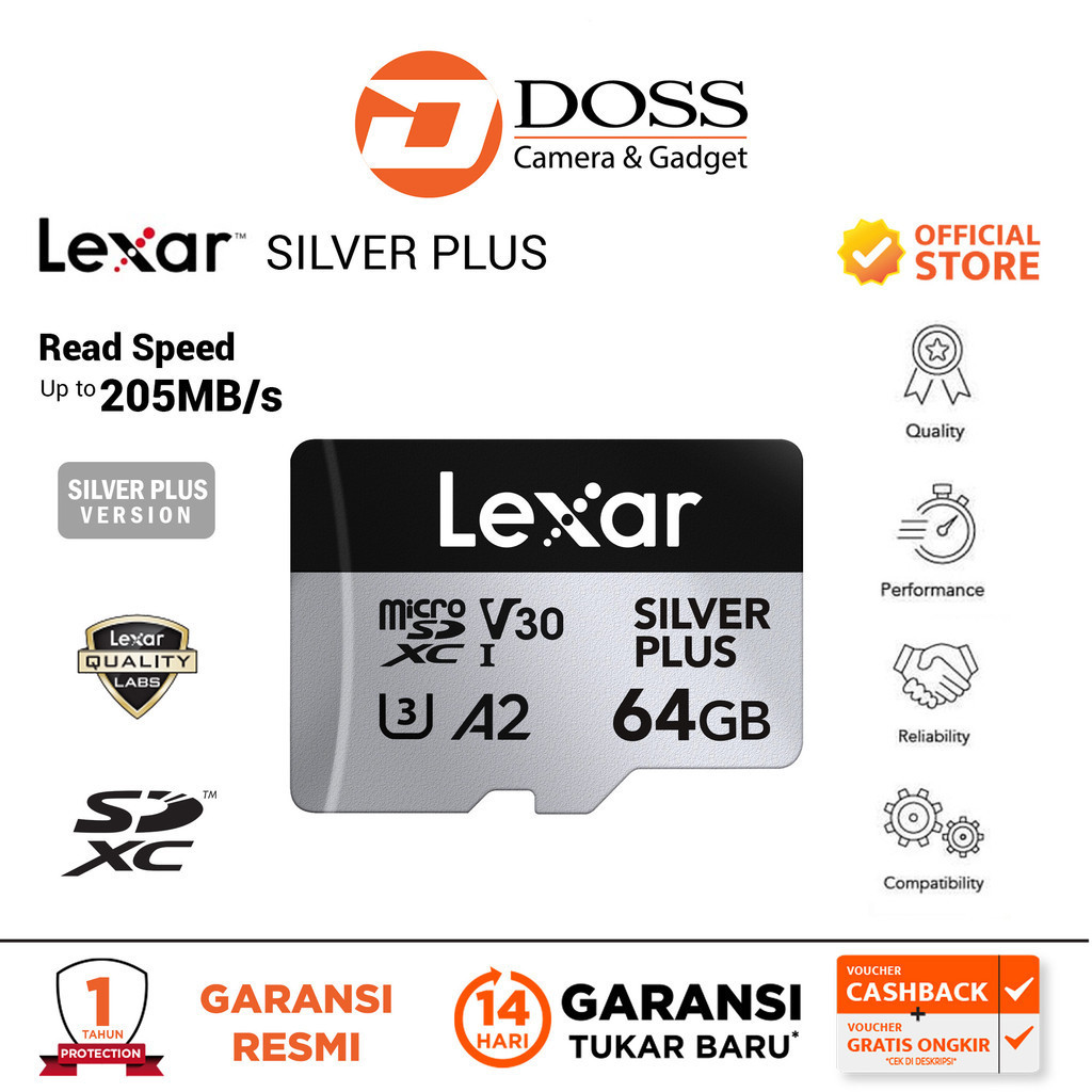 Jual Lexar 64GB Silver Plus microSDXC UHS-I 205MB/s Lexar 64 GB Micro ...