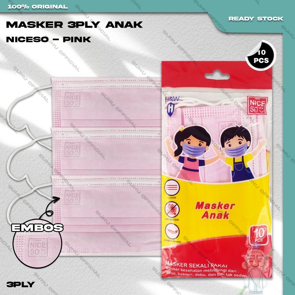 Jual Masker Anak Medis 3Ply NICESO Isi 10Pcs Warna Pink 3 Ply Earloop ...