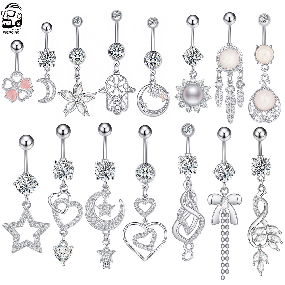 Jual Mixed Styles Dangled Navel Belly Button Rings Heart Star Opal CZ Belly Piercing Ombligo ...