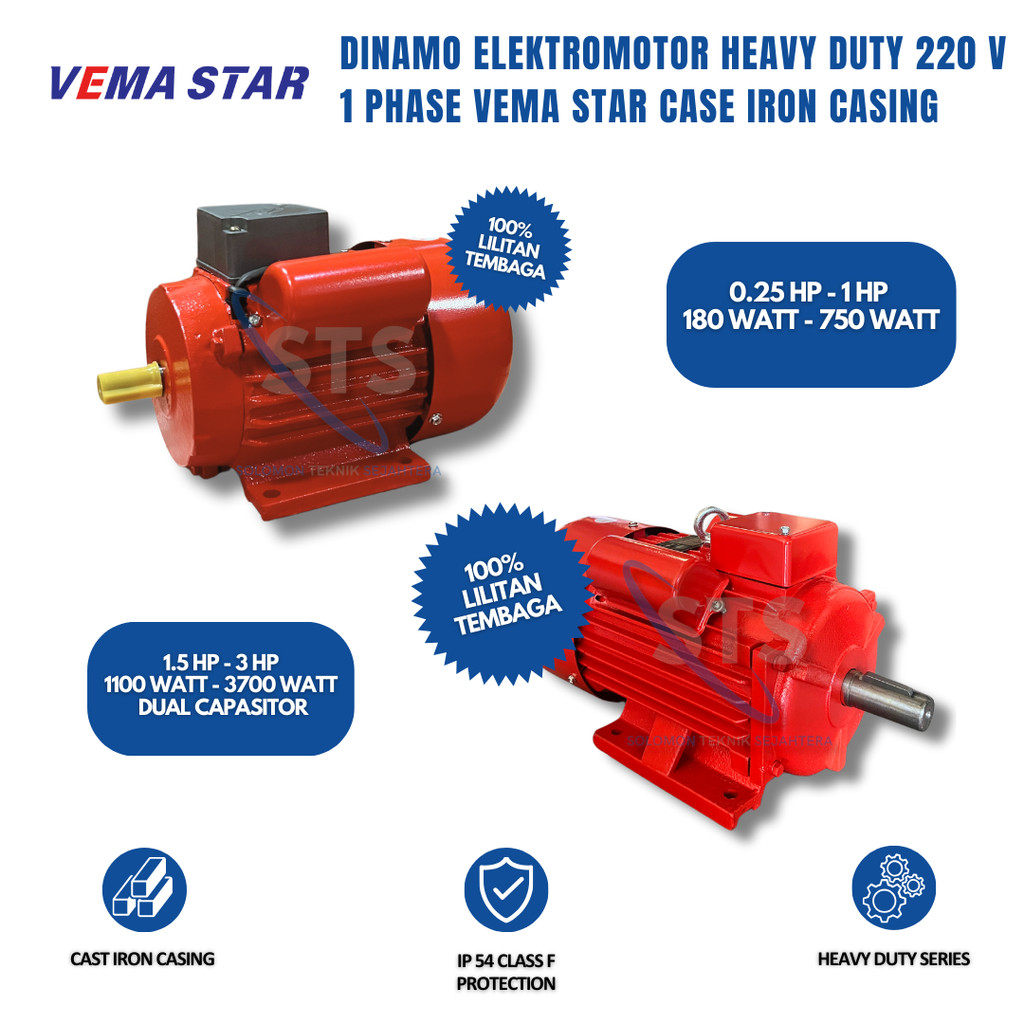 Jual STS | VEMA STAR Dinamo Elektro Motor Single Phase HEAVY DUTY - Dual Capasitor Body Cast ...