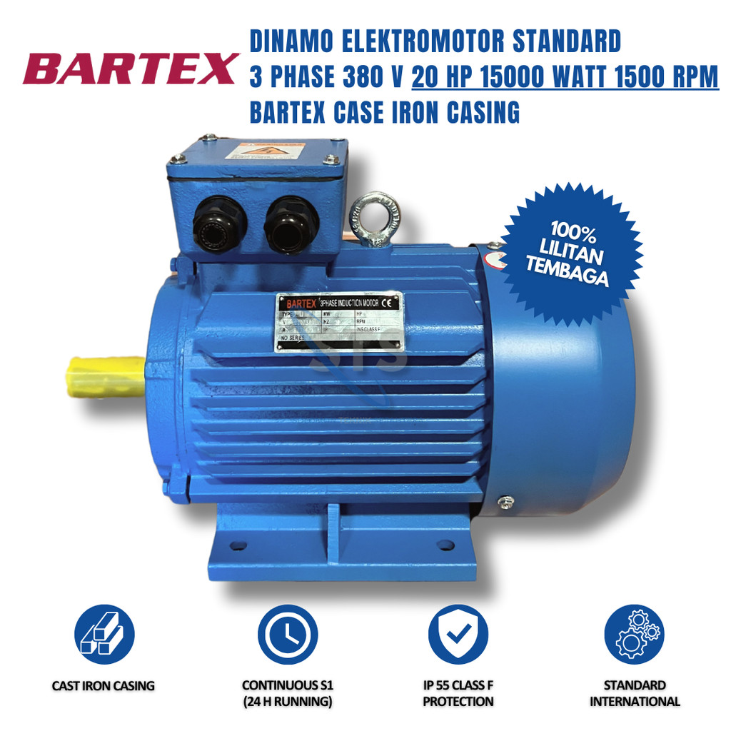 Jual STS | BARTEX Dinamo 3 Phase 380v 20 HP 11000 Watt 100% Lilitan Tembaga 1500 RPM Body Cast ...