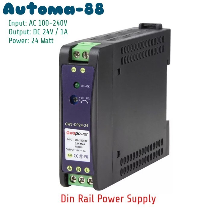 Jual Power Supply 24V DC Din Rail Mount 24W 1A input 220Vac output 24Vdc MM27 | Shopee Indonesia