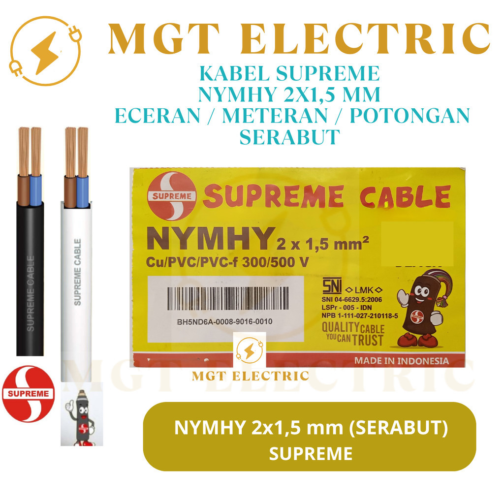 Jual Kabel NYMHY 2X1.5 MM 2x1,5mm SUPREME Eceran / meteran SERABUT HITAM | Shopee Indonesia