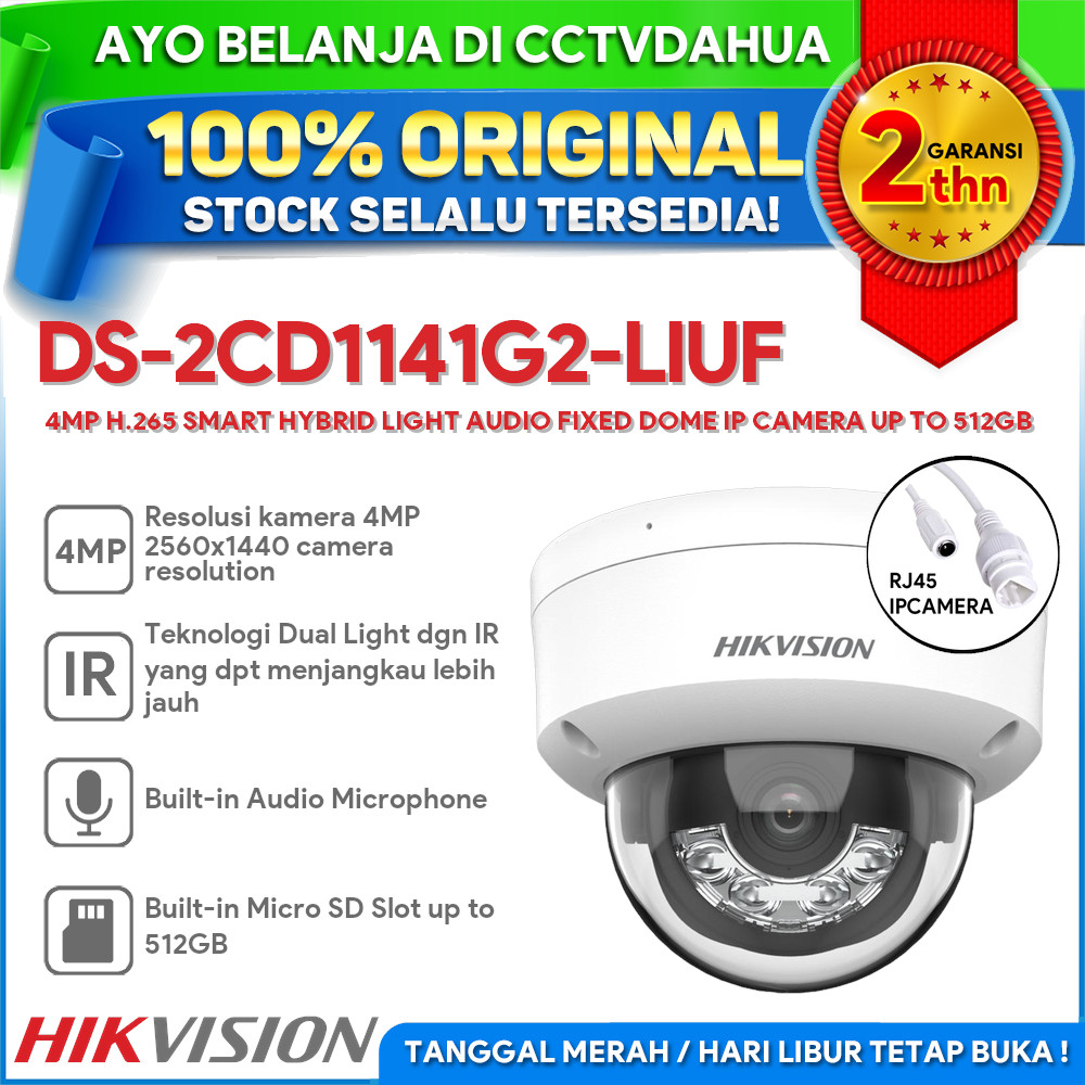 Jual HIKVISION DS-2CD1141G2-LIUF 4MP H.265 SMART HYBRID LIGHT AUDIO FIXED DOME IP CAMERA UP TO ...
