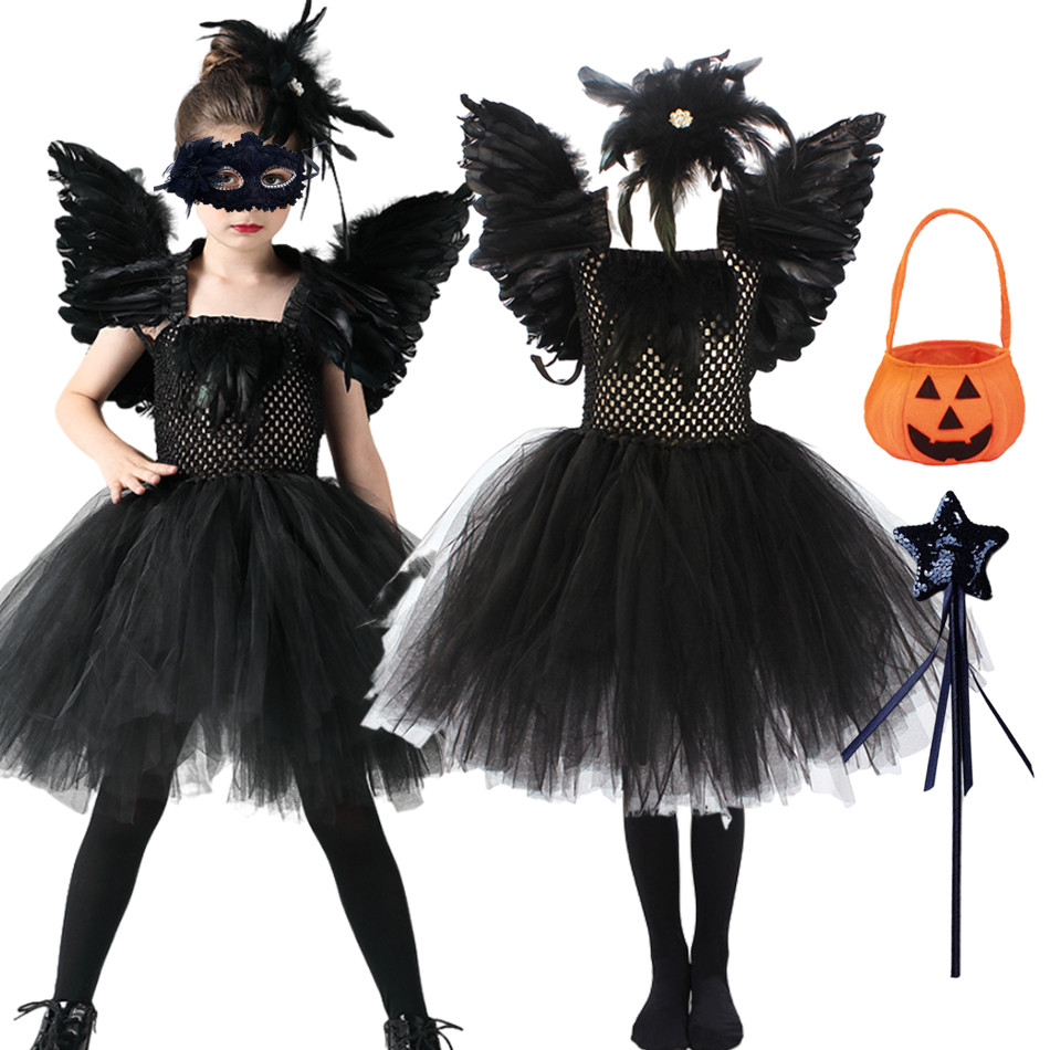 Jual Kids Halloween Black Swan Dress Angel Demons Tutu Dress Girls ...